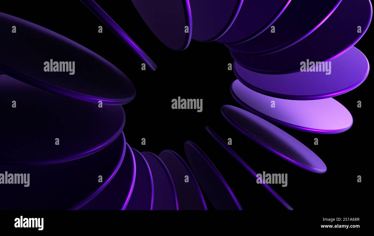 Rotating glowing 3d circles around their axis on a black background ...