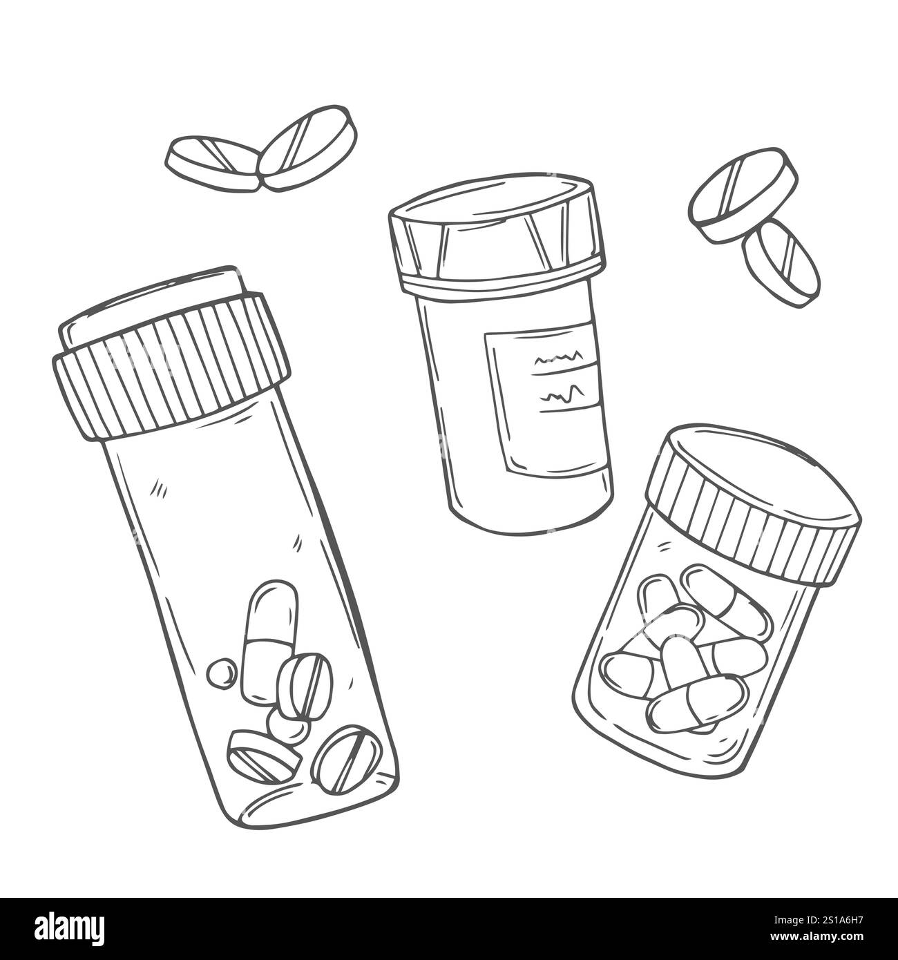 Vector sketch pills, tablet, capsule and package bottle isolated on ...