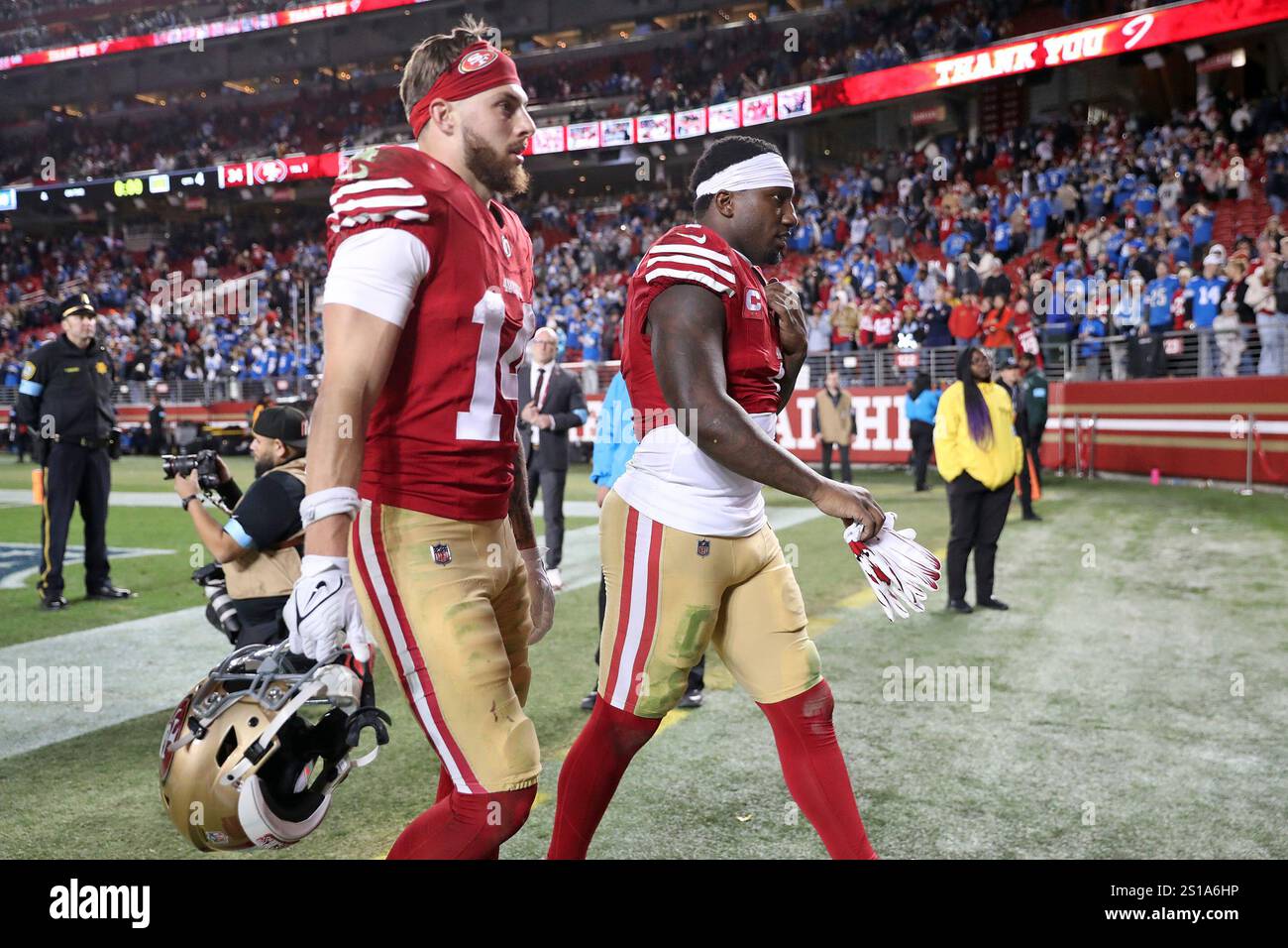 San Francisco 49ers' Ricky Pearsall and Deebo Samuel walk off the field ...