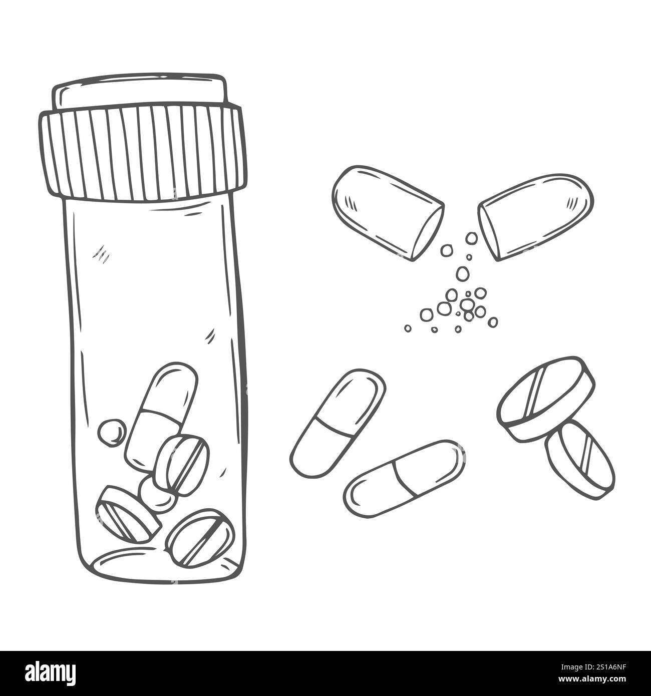 Vector sketch pills, tablet, capsule and package bottle isolated on ...