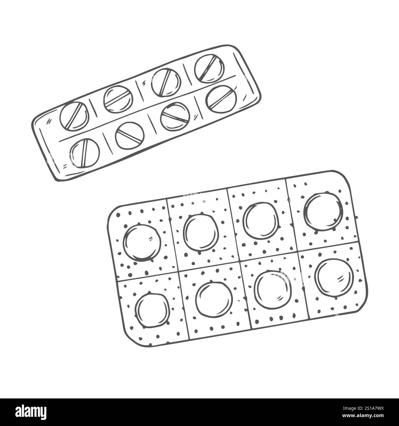Sketch illustration of pills blister. Drugstore product. Black outline ...