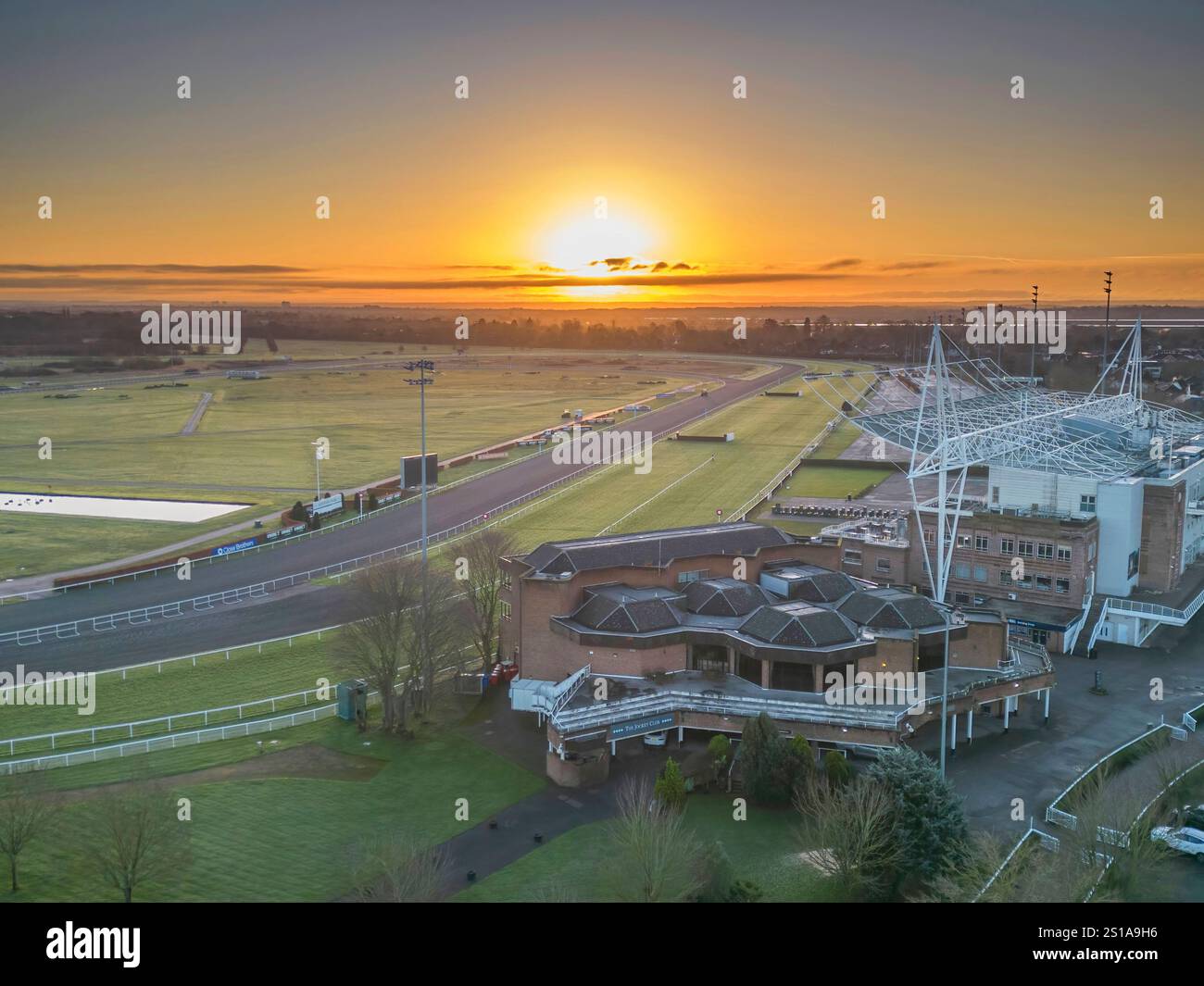 aerial view of dawn over kempton park racecourse at sunbury on thames ...