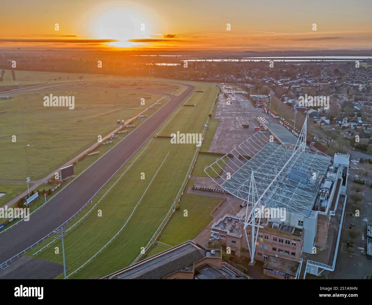 aerial view of dawn over kempton park racecourse at sunbury on thames ...