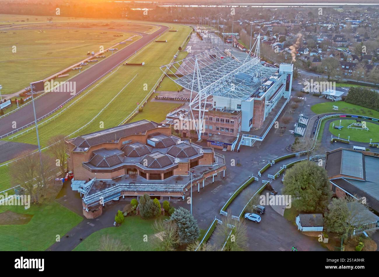 aerial view of dawn over kempton park racecourse at sunbury on thames ...