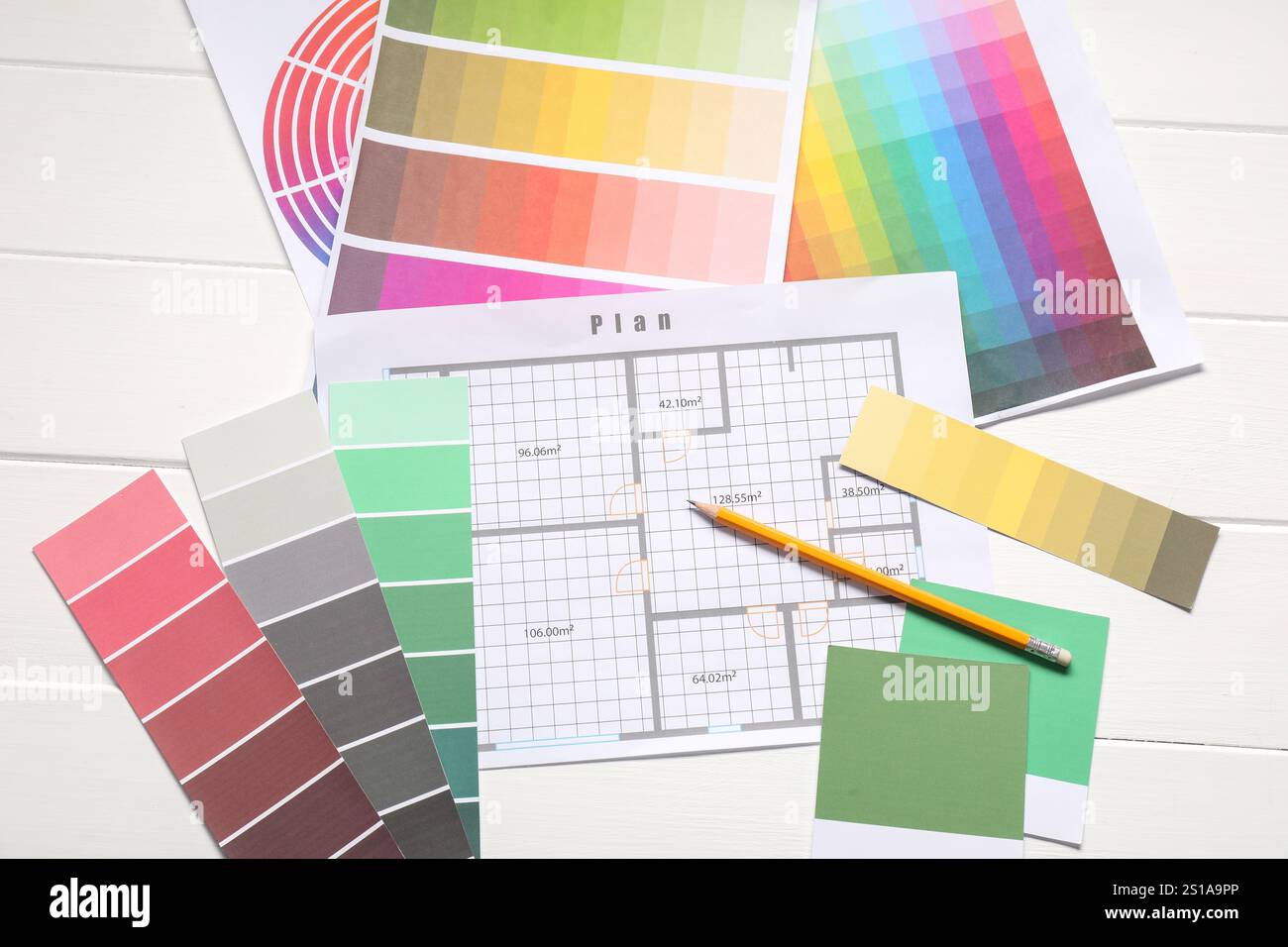 Designer's workplace with different color palettes, floor plan and ...