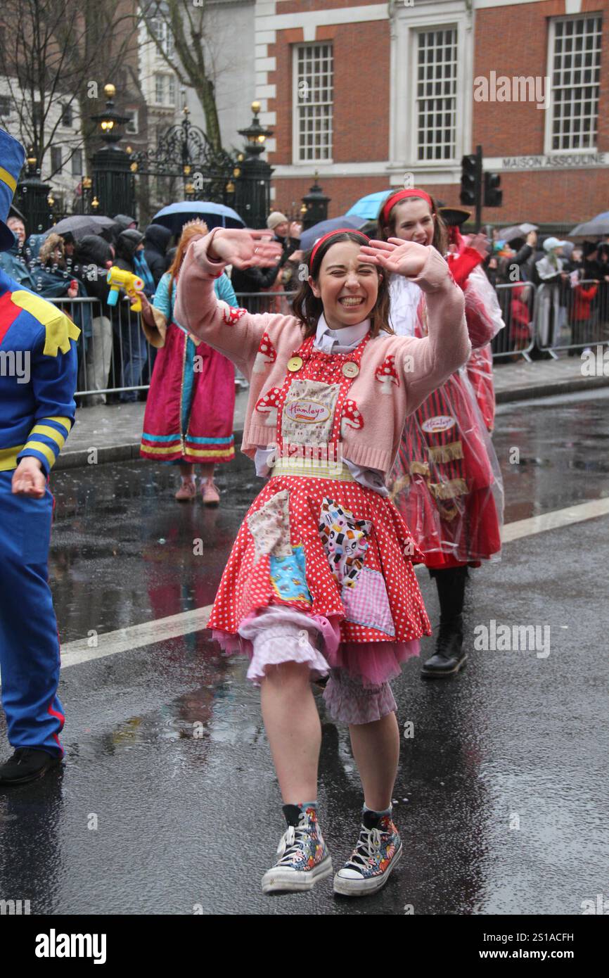 London, UK. 01st Jan, 2025. An entertainer from The Hamleys dances ...