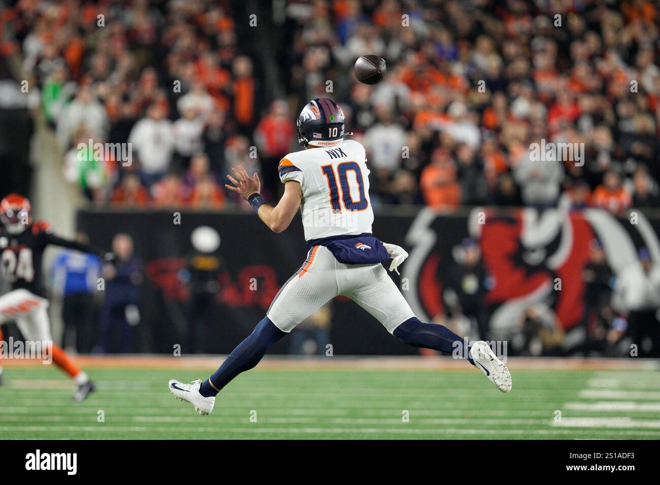 Denver Broncos quarterback Bo Nix (10) throws during an NFL football ...
