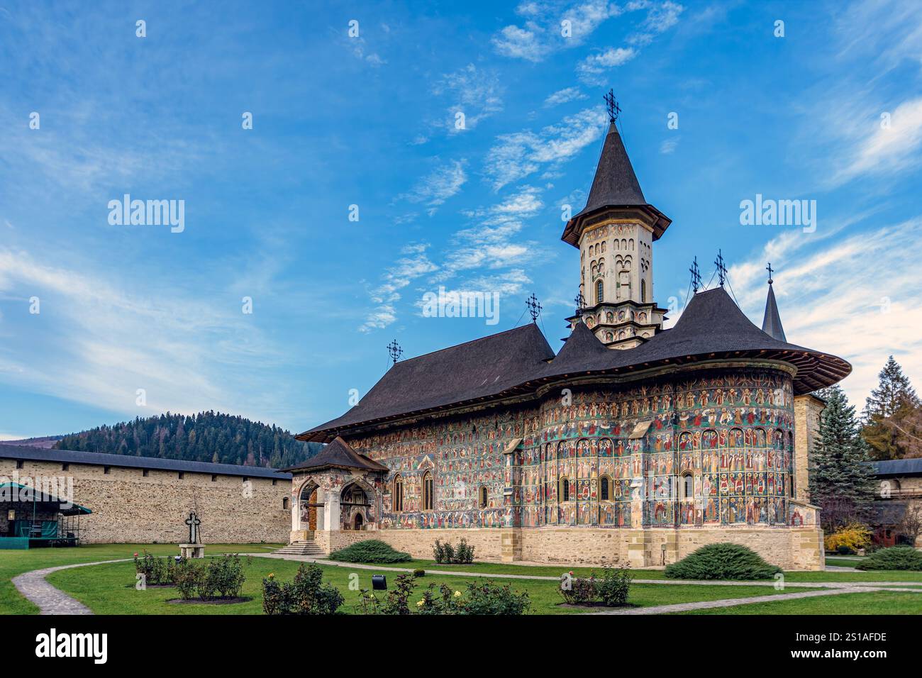 The medieval Voronet monastery, the most famous painted monastery from southern Bukovina region ...