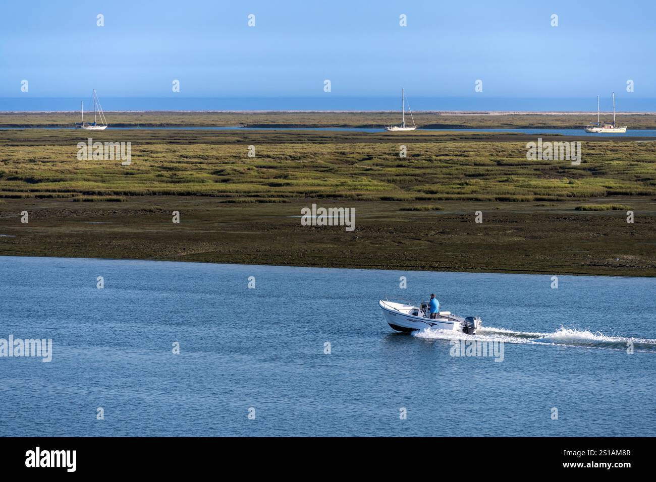 Portugal, Algarve, Faro, boat moving in the lagoon of the Ria Formosa ...