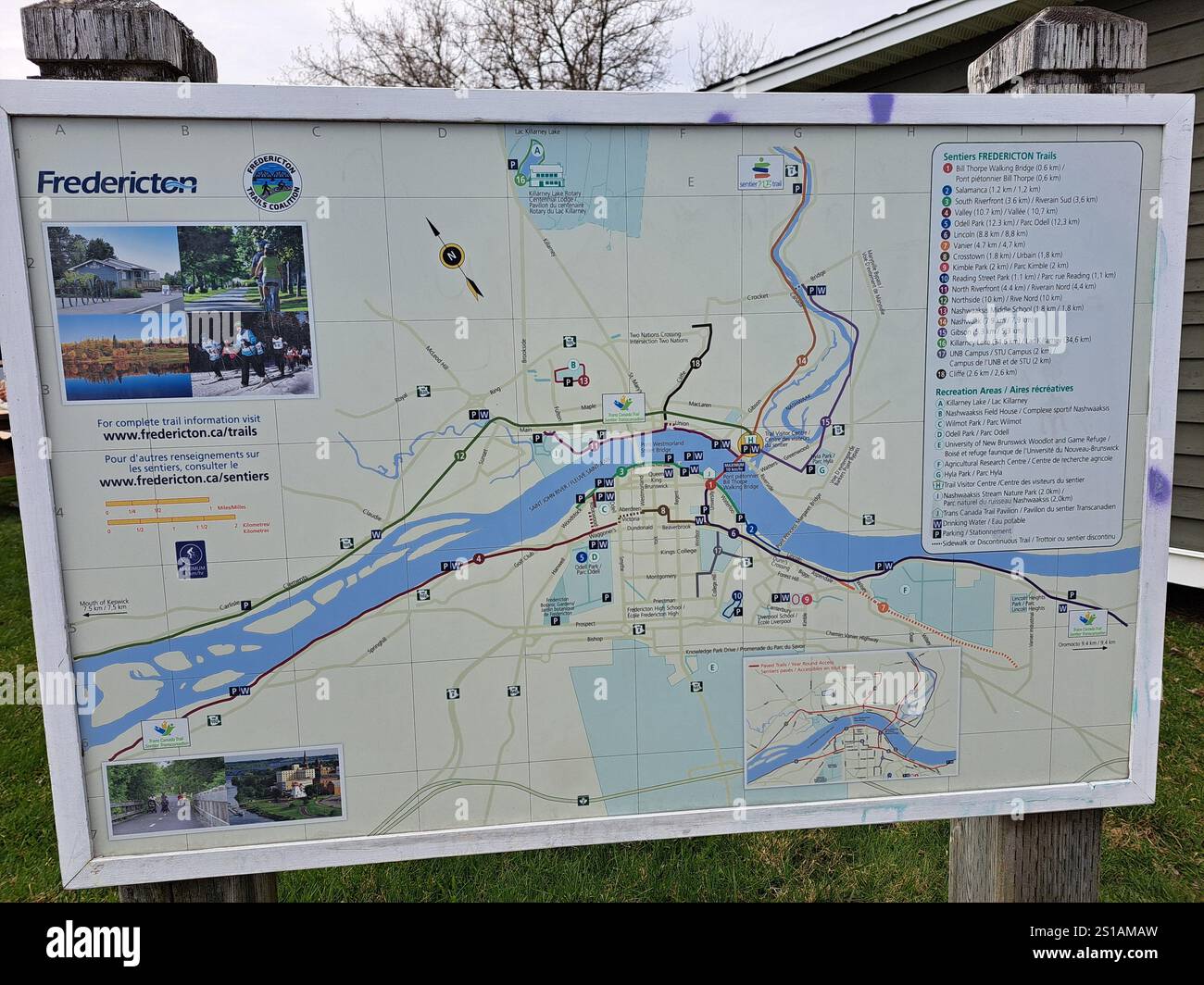 Fredericton trails map sign at south riverfront in downtown Fredericton ...