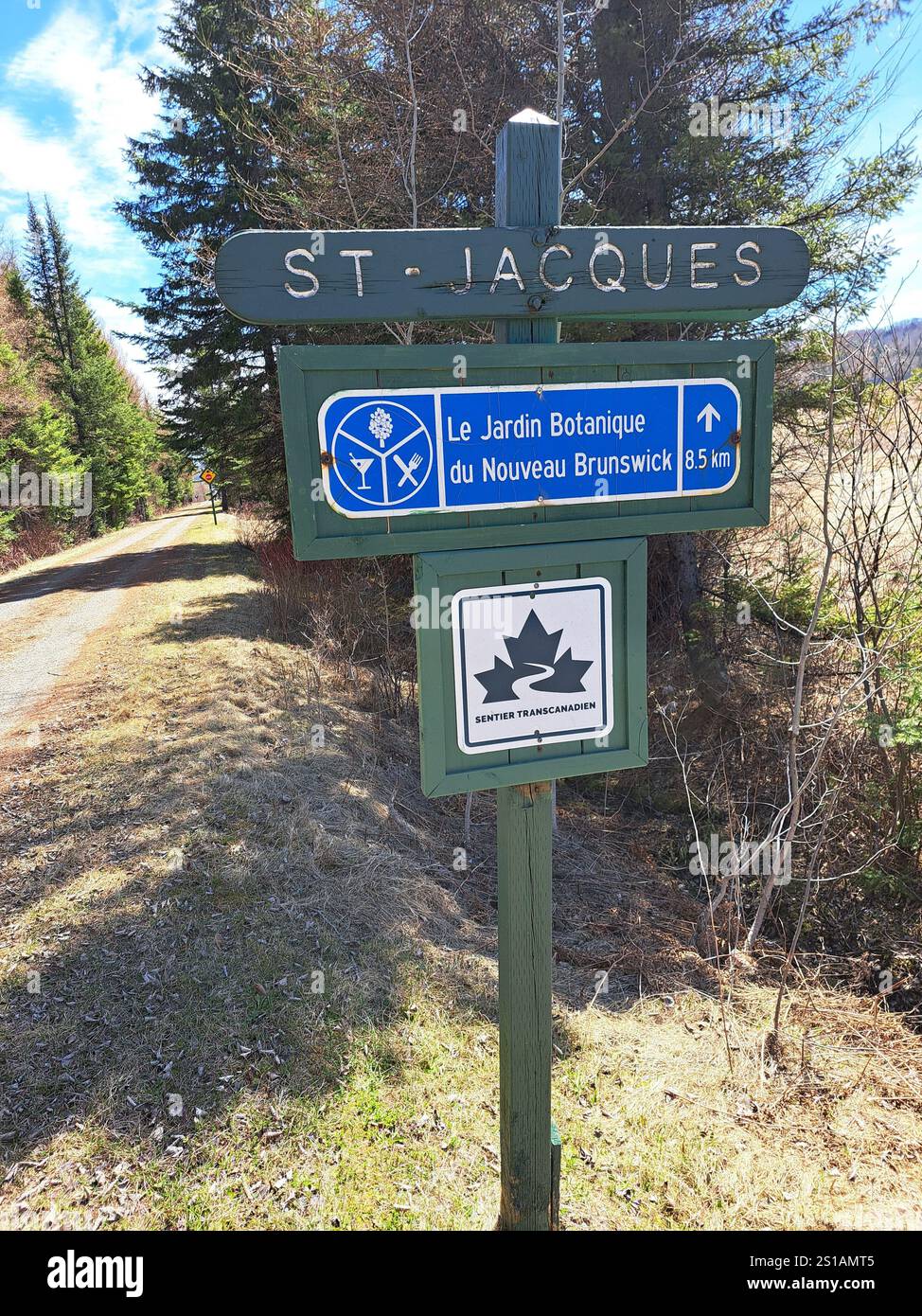 St. Jacques sign on the Trans Canada trail on the Quebec/New Brunswick ...