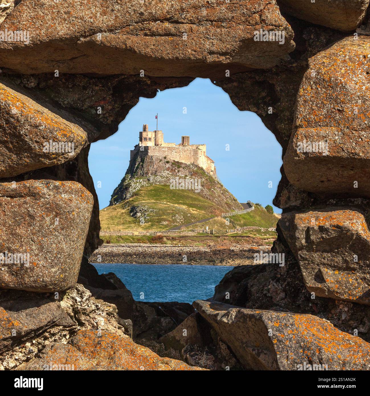 View of Lindisfarne Castle in daytime during Summer as seen through ...