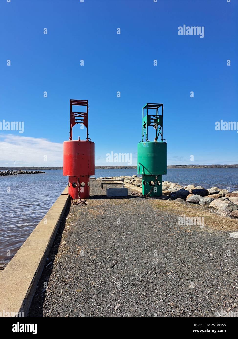 Green starboard and red port hand buoys at the quay in Lotbinière ...