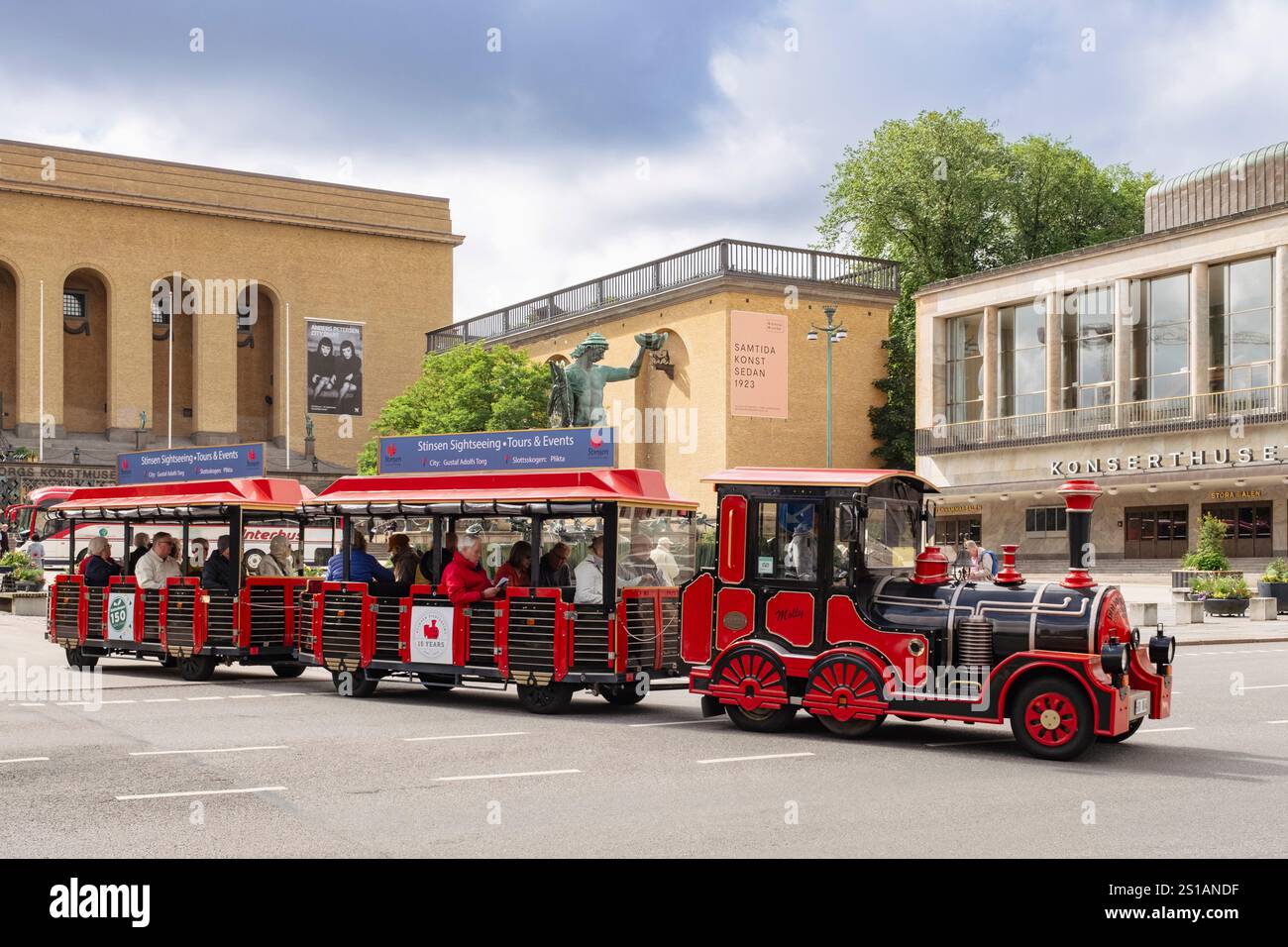 Tourist train for sightseeing. Götaplatsen, Gothenburg, Sweden ...