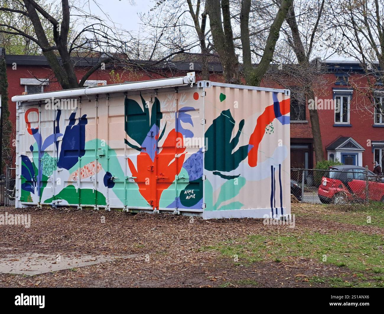 Floral mural on a shipping container at Saint-Louis Square in Montreal ...