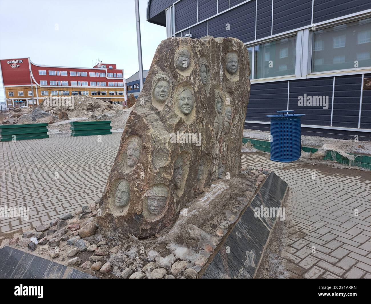 Inuit stone carving sculpture of faces on Federal Road, in Iqaluit ...