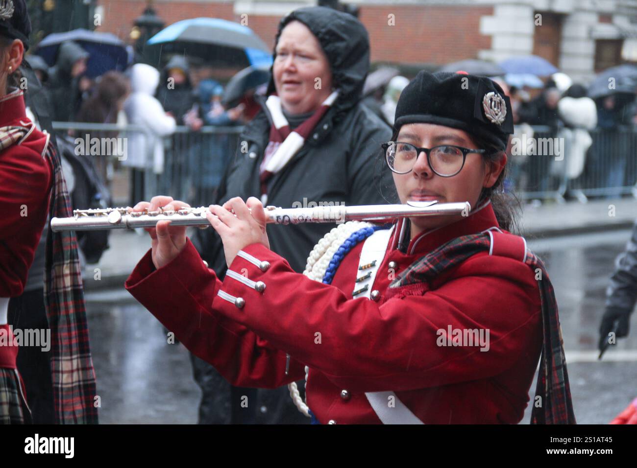 London, UK. 01st Jan, 2025. RHS Kiltie Wind Ensemble from of Florida ...