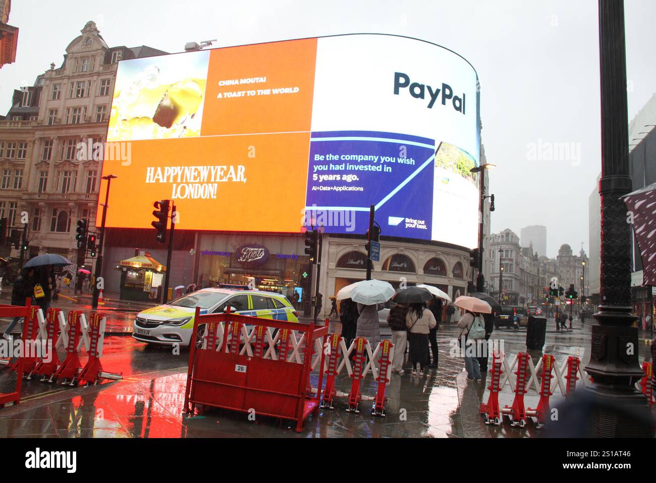 London, UK. 01st Jan, 2025. Barricades erected around Piccadilly Circus ...