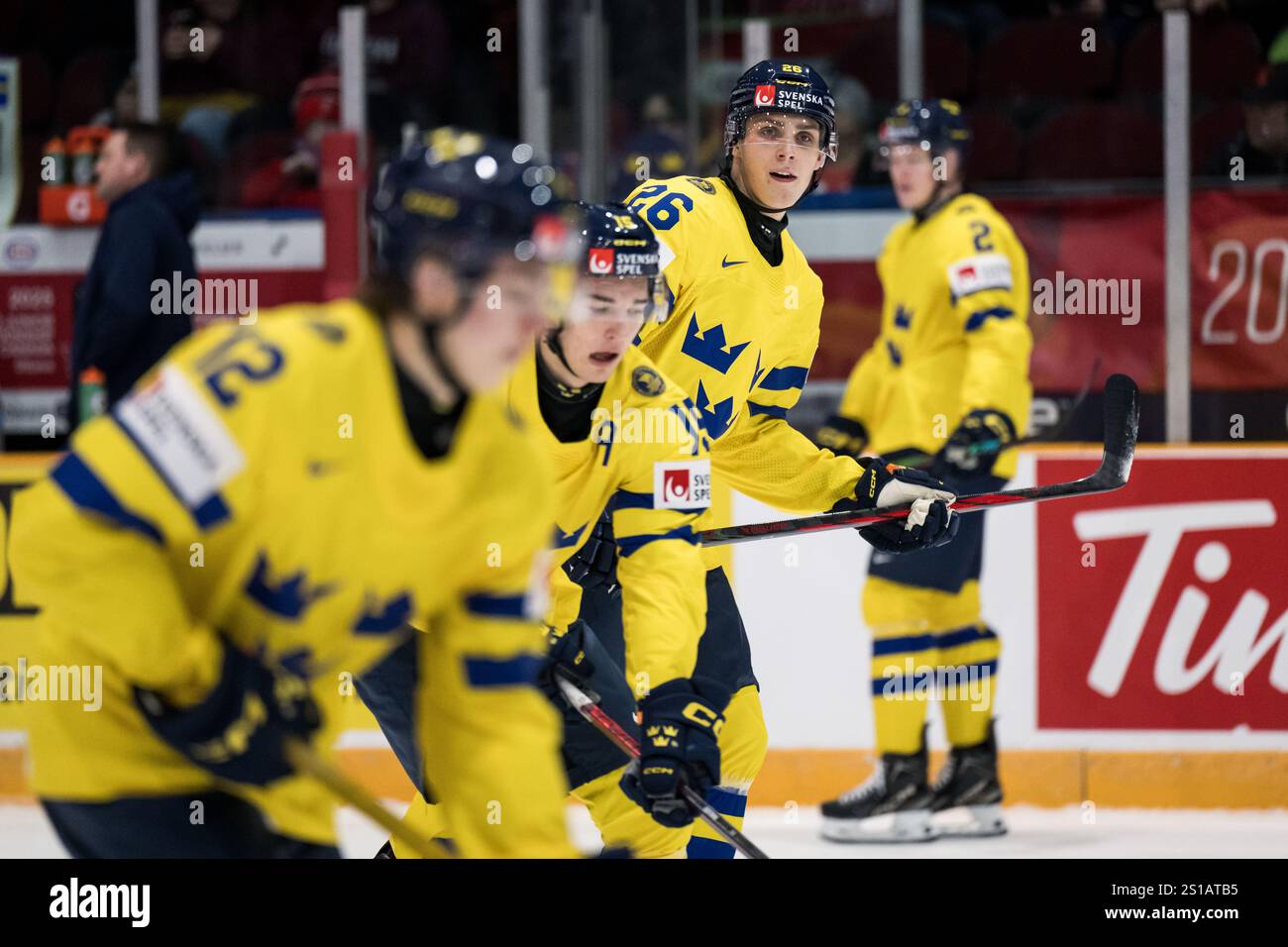 Noel Nordh of, Sweden. , . ahead of the 2025 IIHF World Junior Championship quarterfinal game ...