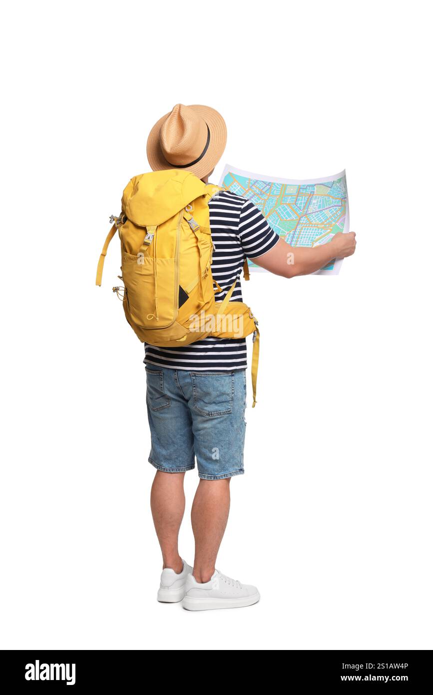 Traveller with map and backpack on white background, back view Stock ...