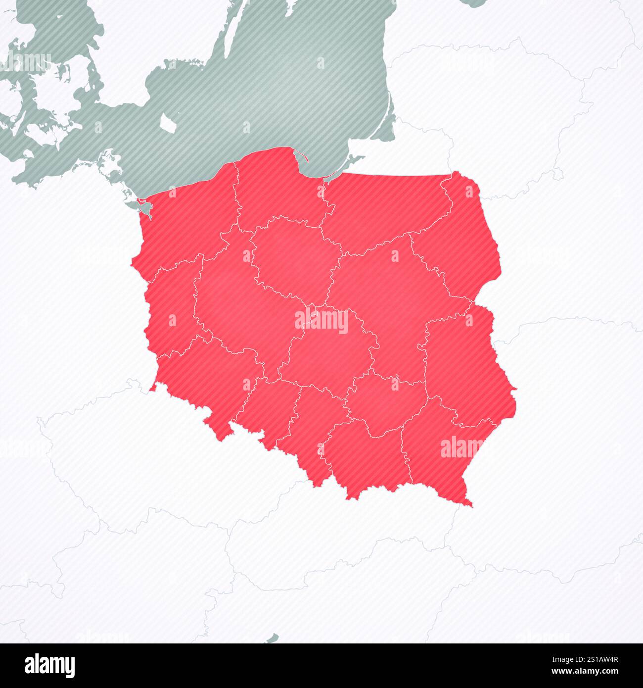 Map of Poland with the borders of the voivodeships with softly striped ...