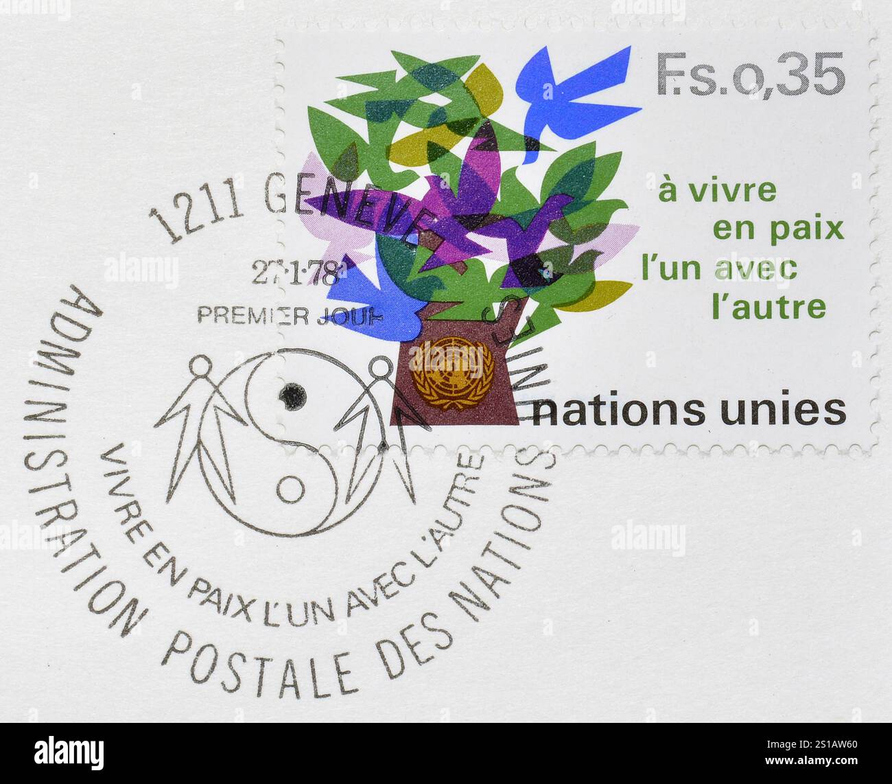 Cancelled postage stamp printed by United Nations, that shows Symbols U ...