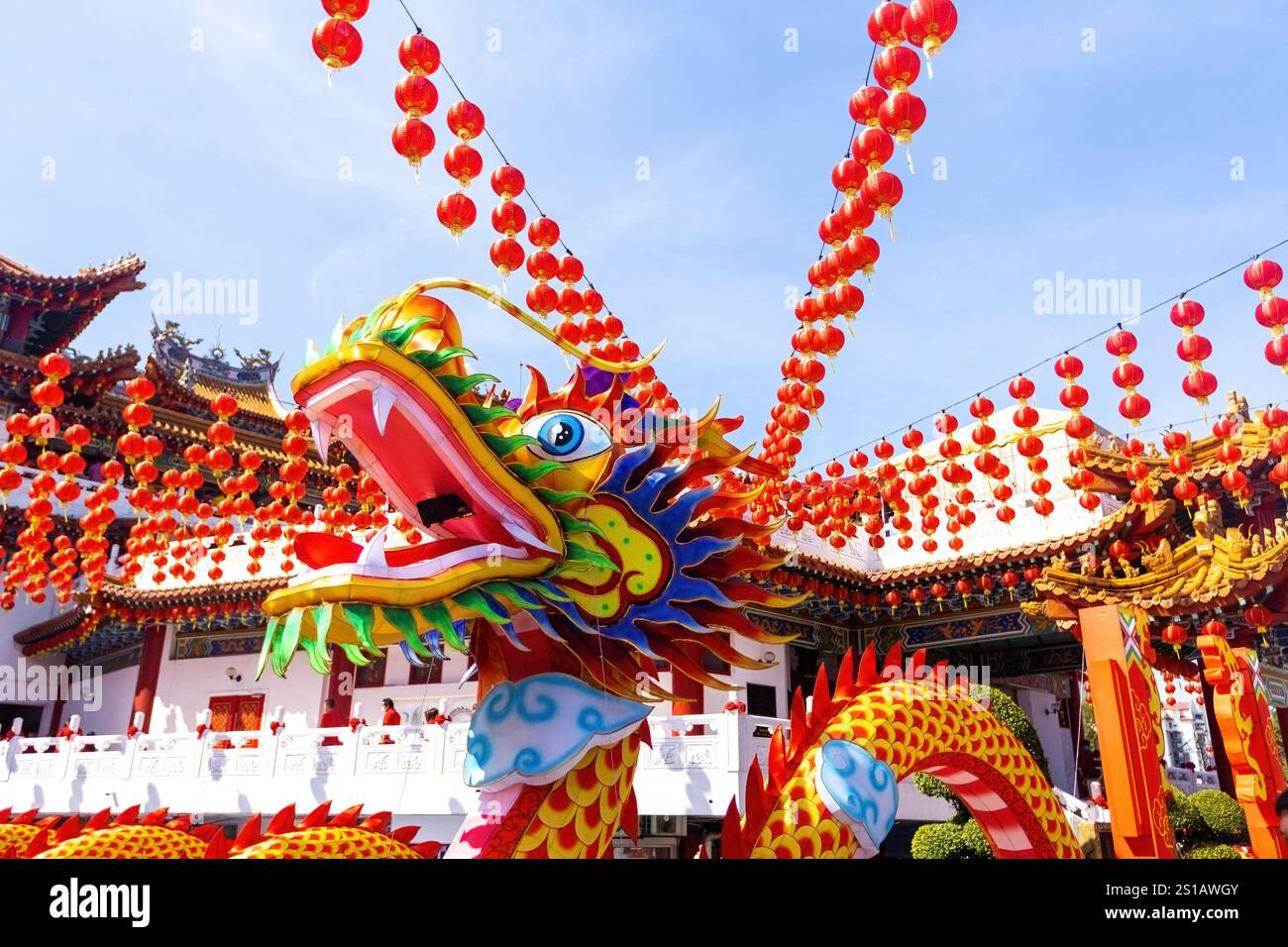 Traditional Chinese dragon installation in Chinese temple with Lunar ...