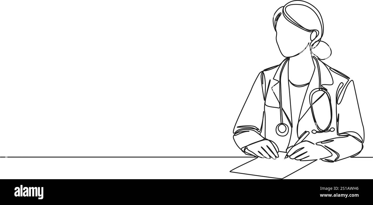 continuous line drawing of female medical doctor with stethoscope ...