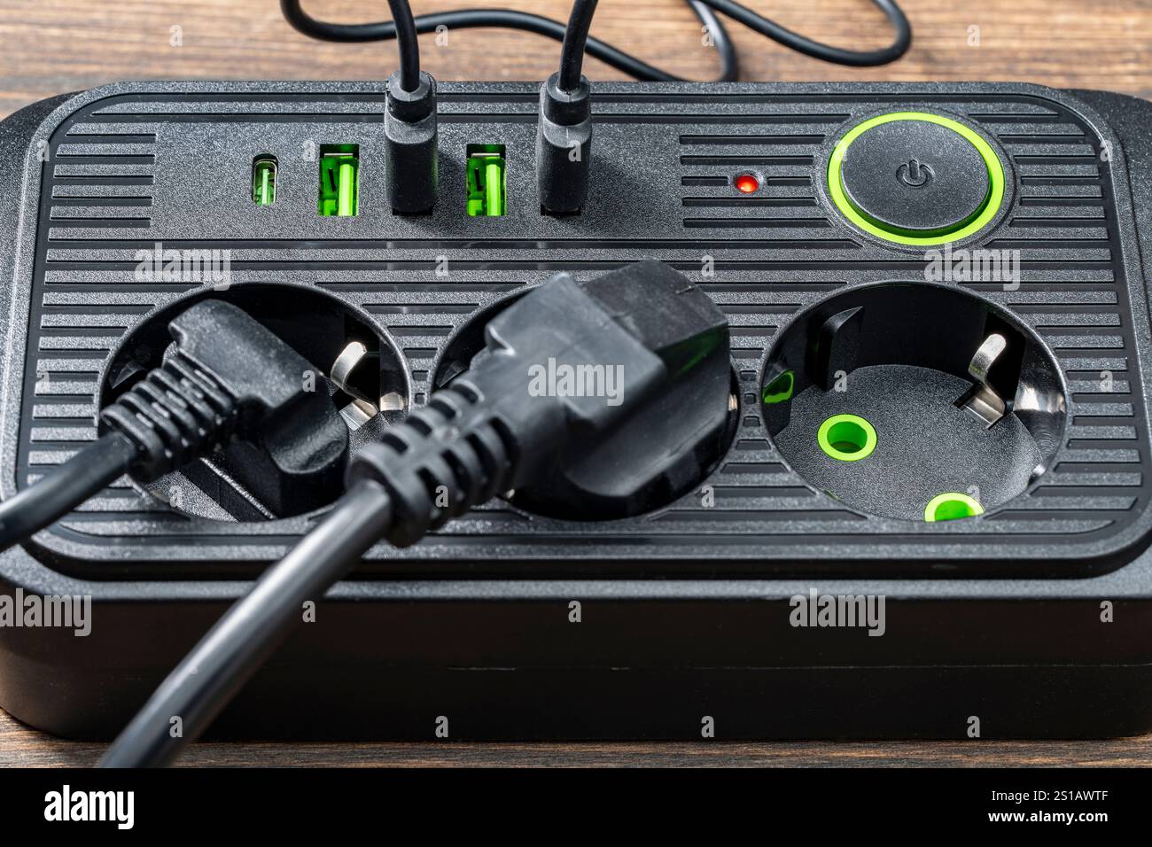 AC outlet multiprise power strip with USB plugs at home. Electrical ...