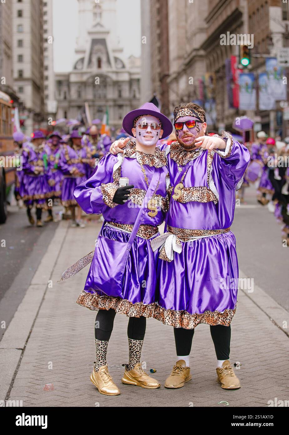Mummers Parade 2025. Parade participants march in bright purple pirate ...