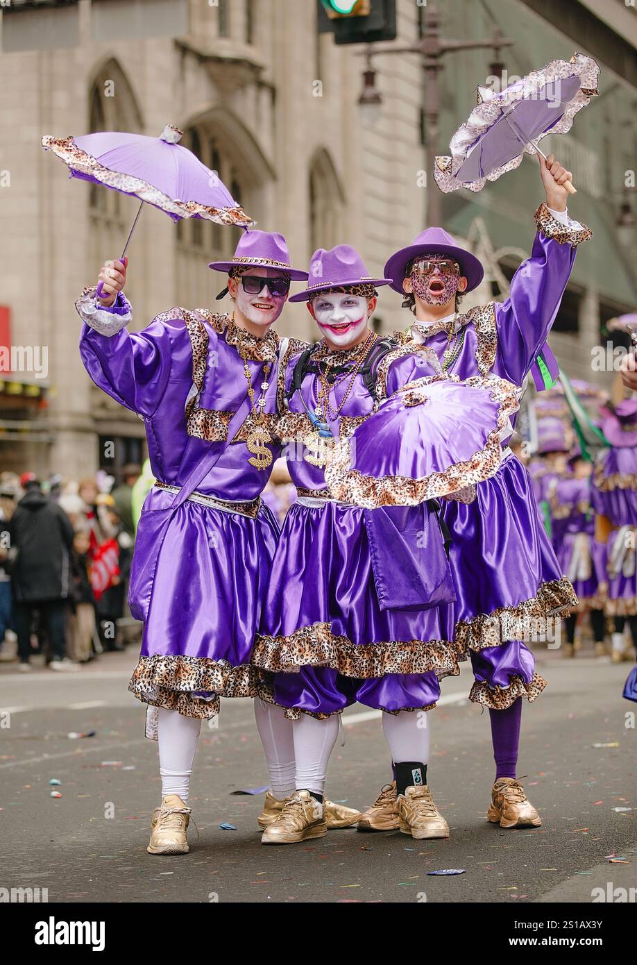 Mummers Parade 2025. Parade participants march in bright purple pirate ...