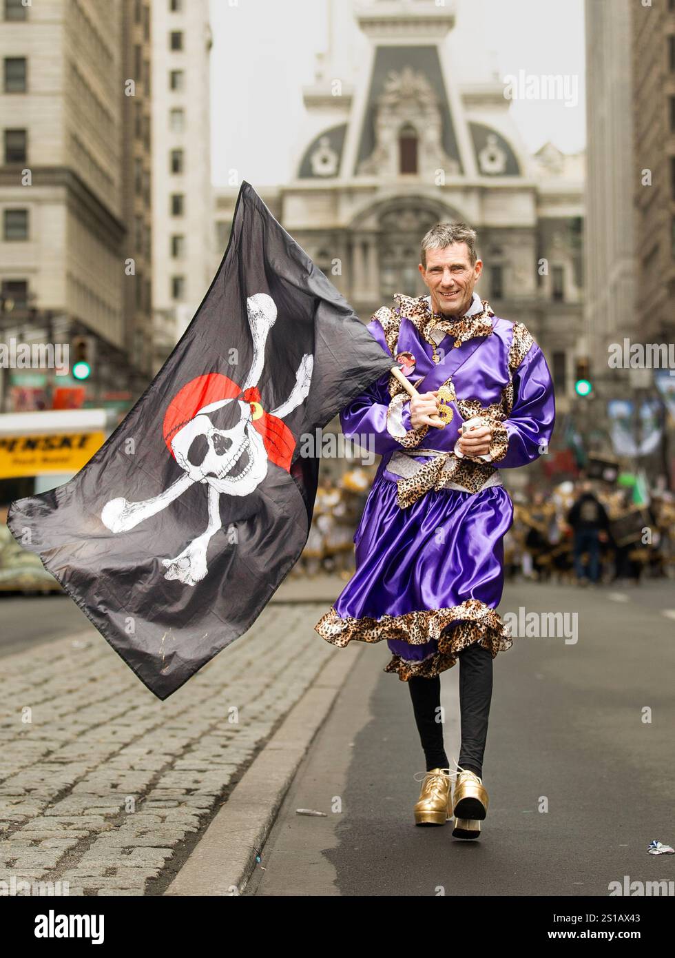 Mummers Parade 2025. Parade participants march in bright purple pirate ...