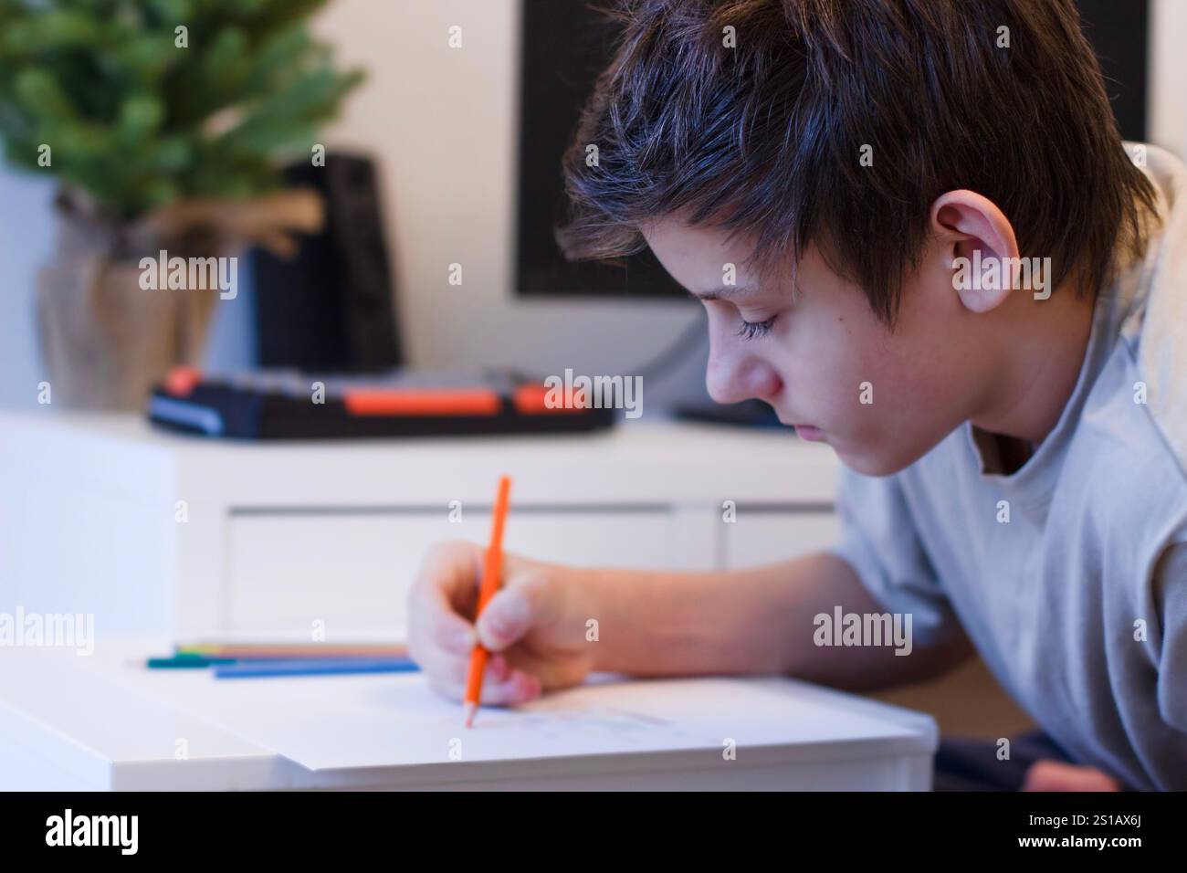 A student solves math problems on a computer. a teenage boy is studying ...