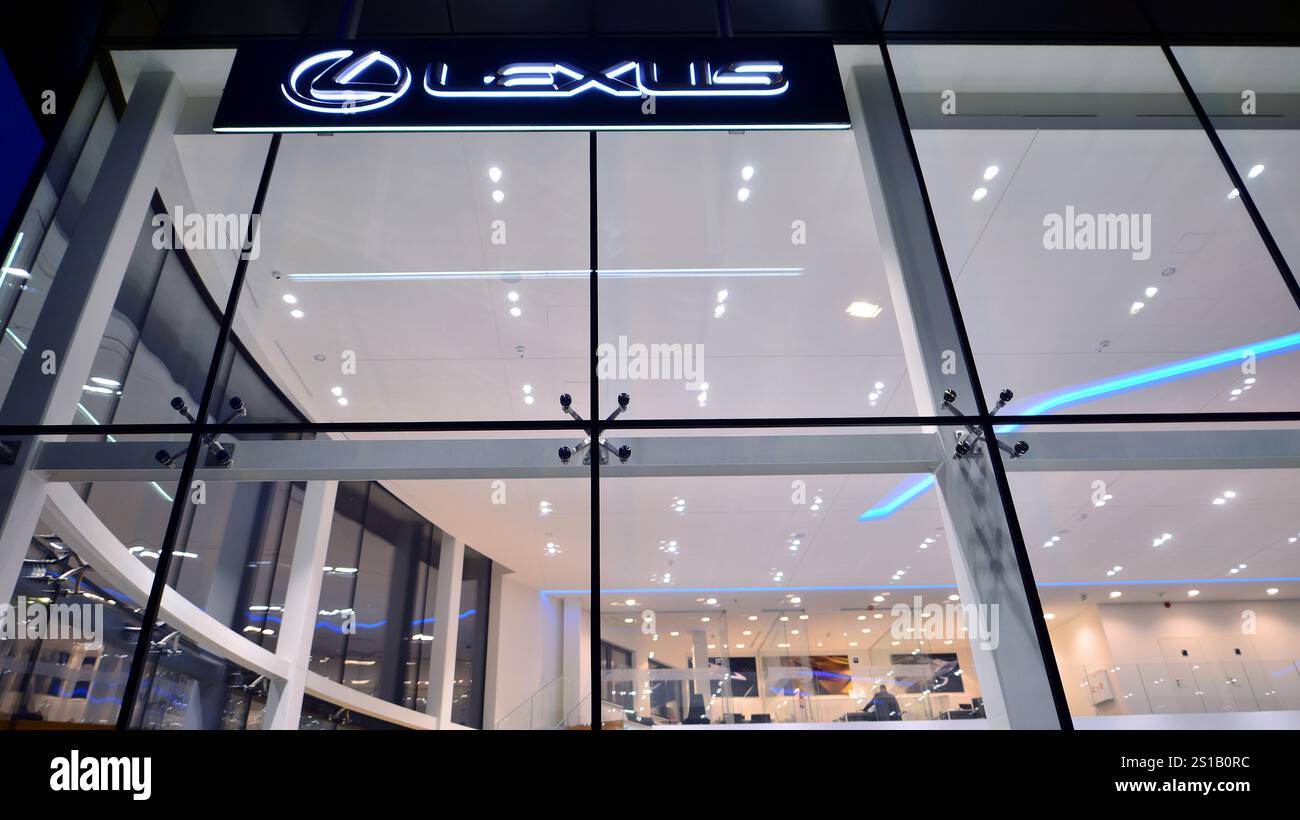 Warsaw, Poland. 2 January 2025. Lexus logo sign on glass wall. Lexus is ...