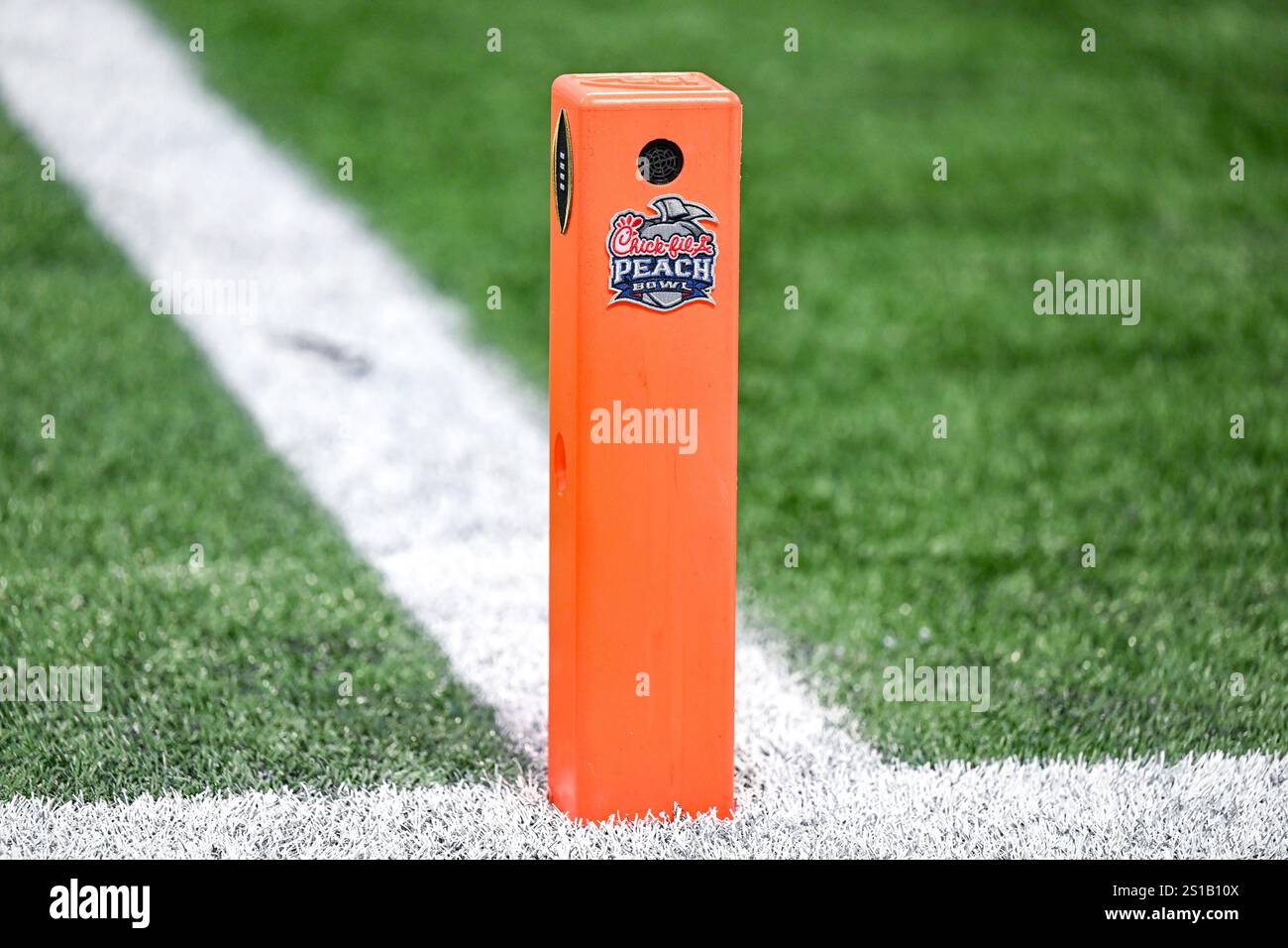 ATLANTA, GA – JANUARY 01: A detailed view of the goal line pylon during ...