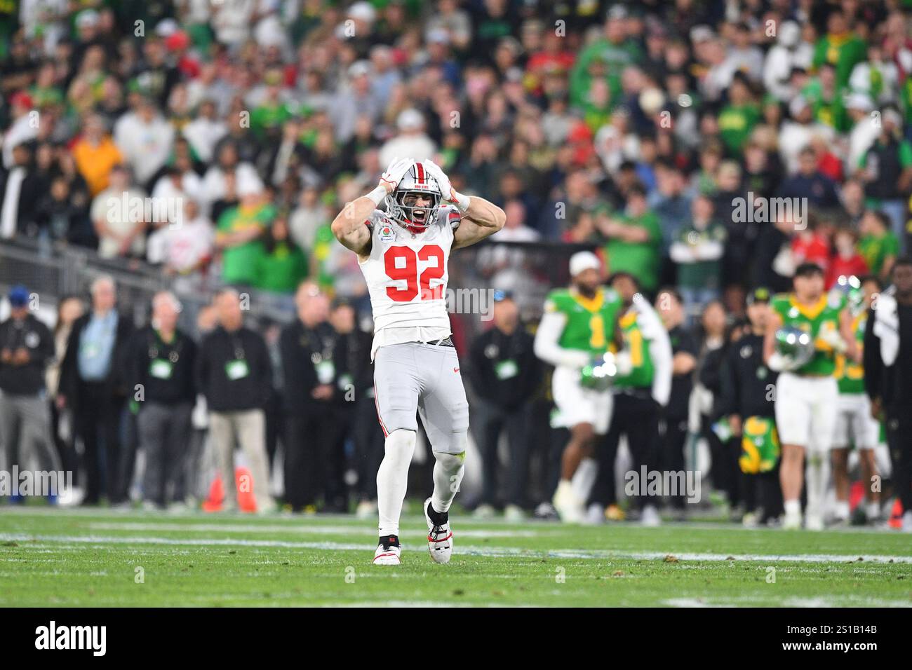 PASADENA, CA - JANUARY 01: Defensive End Caden Curry #92 of the Ohio ...