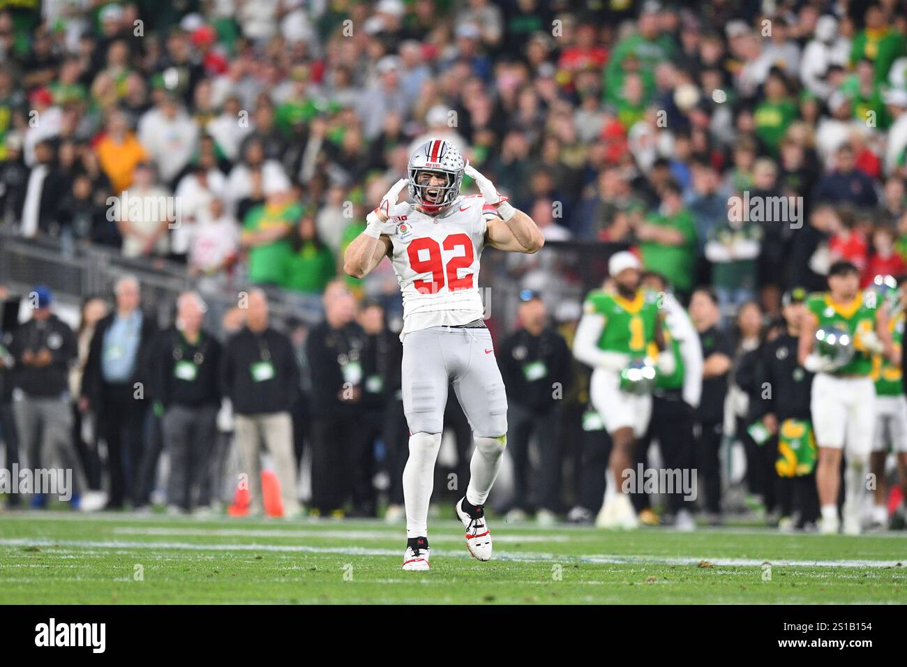PASADENA, CA - JANUARY 01: Defensive End Caden Curry #92 of the Ohio ...