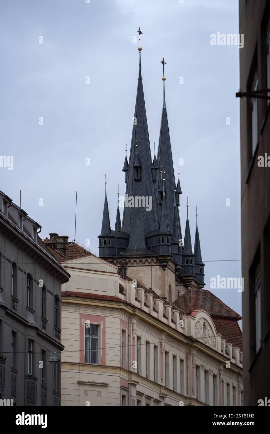 Historic gothic architecture towers over city buildings in Prague ...