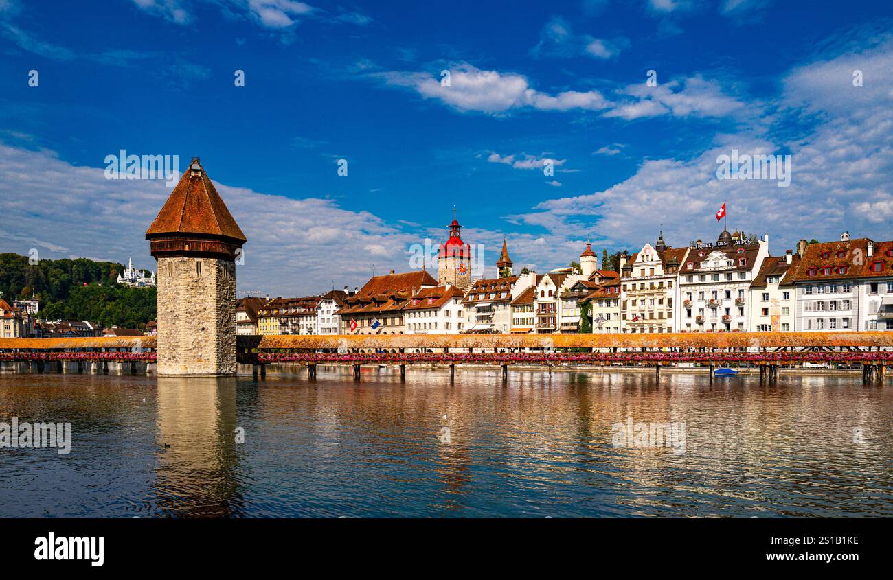 Lucern city with famous Chapel Bridge. Riverfront in Lucerne, Swiss ...