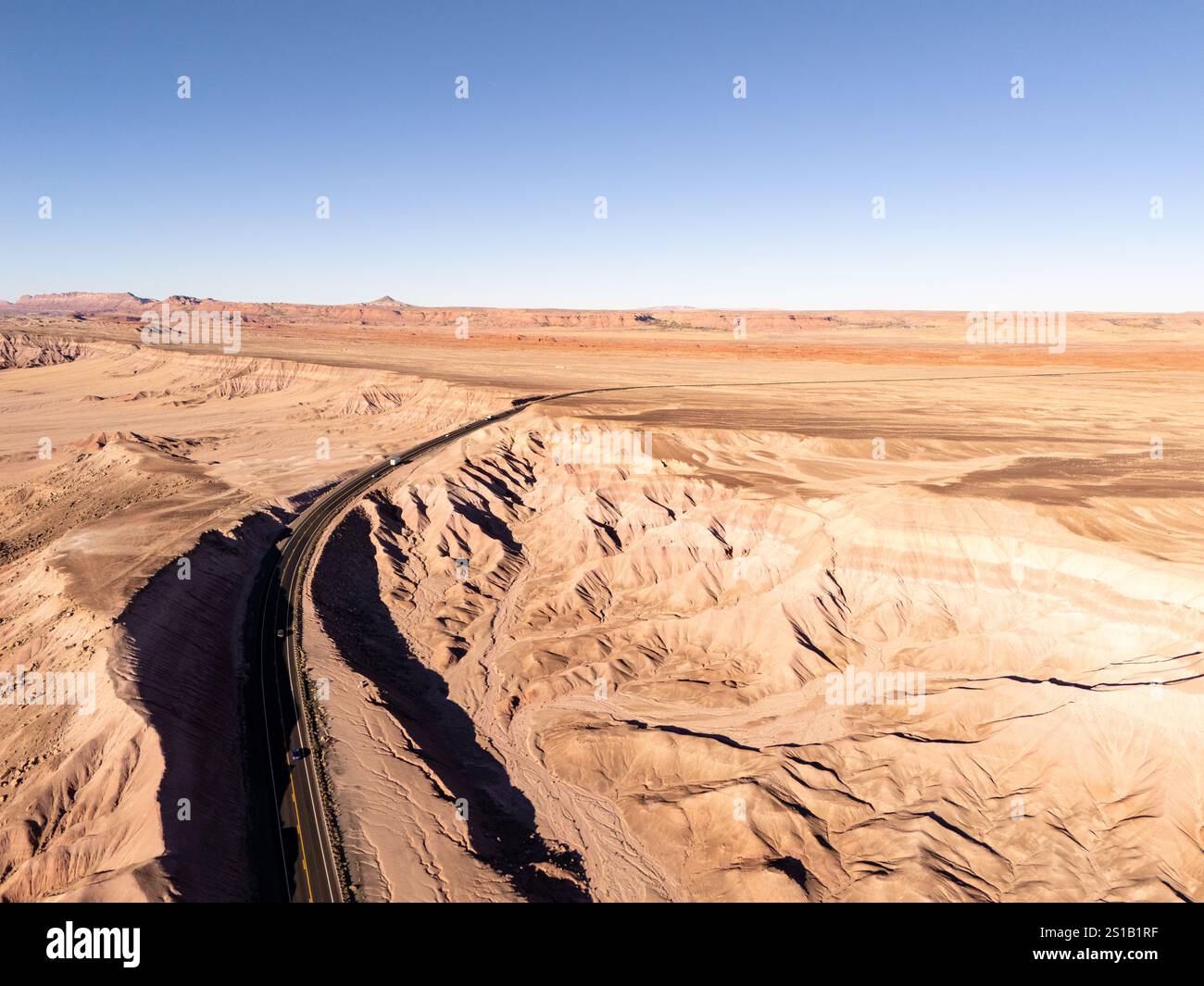 Aerial view of road US-160 in northern Arizona, arid high desert and ...