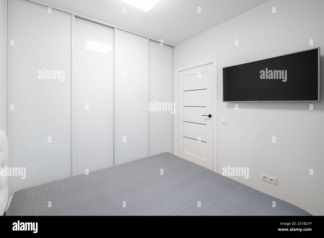 Minimalism Home Bedroom Interior. King Size Double Bed, Wardrobe ...