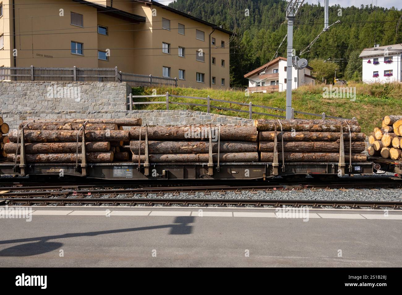 Timber on a train at Pontresina in the Swiss Alps Stock Photo - Alamy