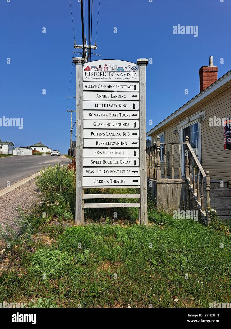 Historic Bonavista directional sign showing attractions and amenities ...
