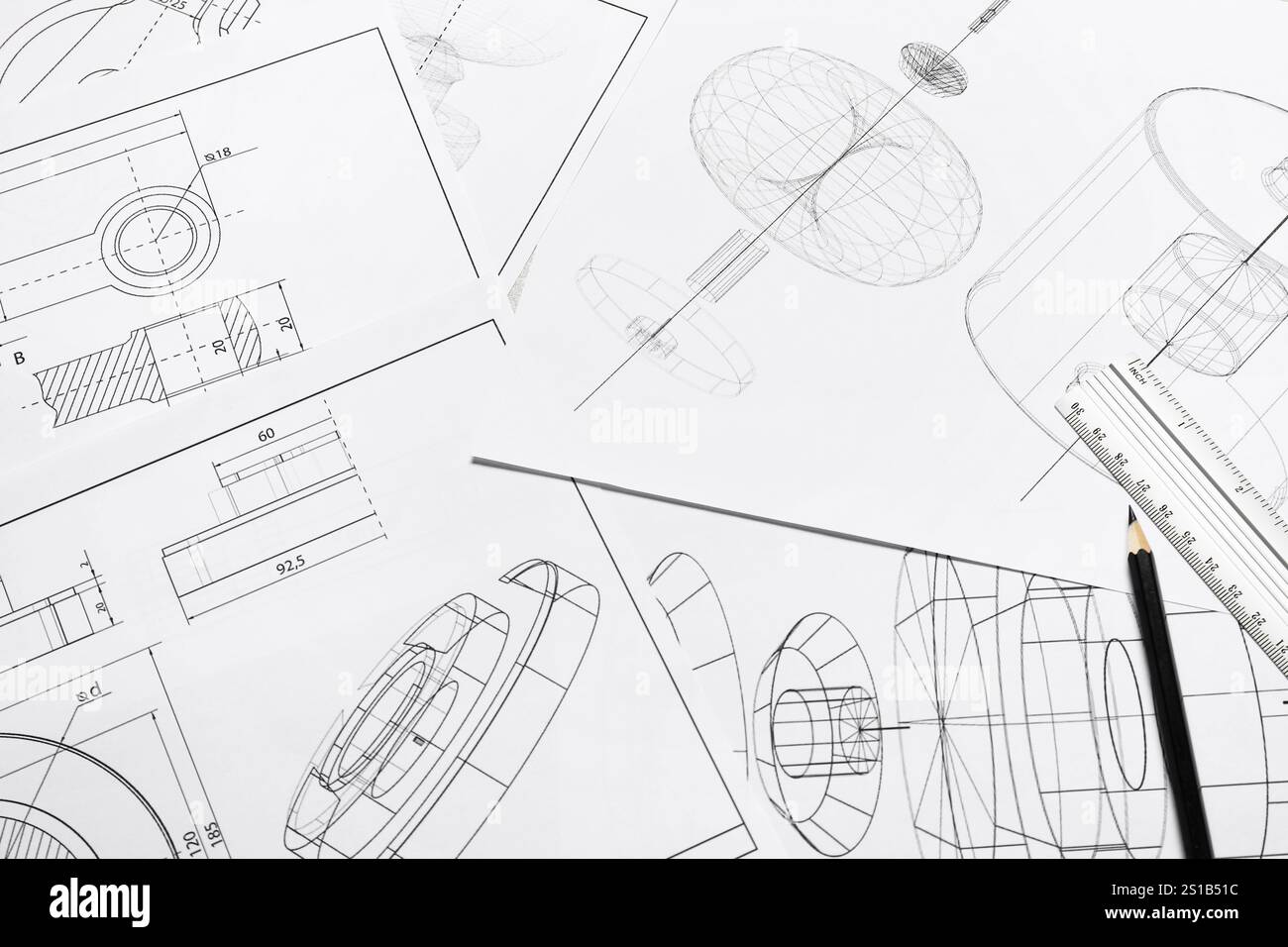 Different engineering drawings, ruler and pencil, above view Stock ...