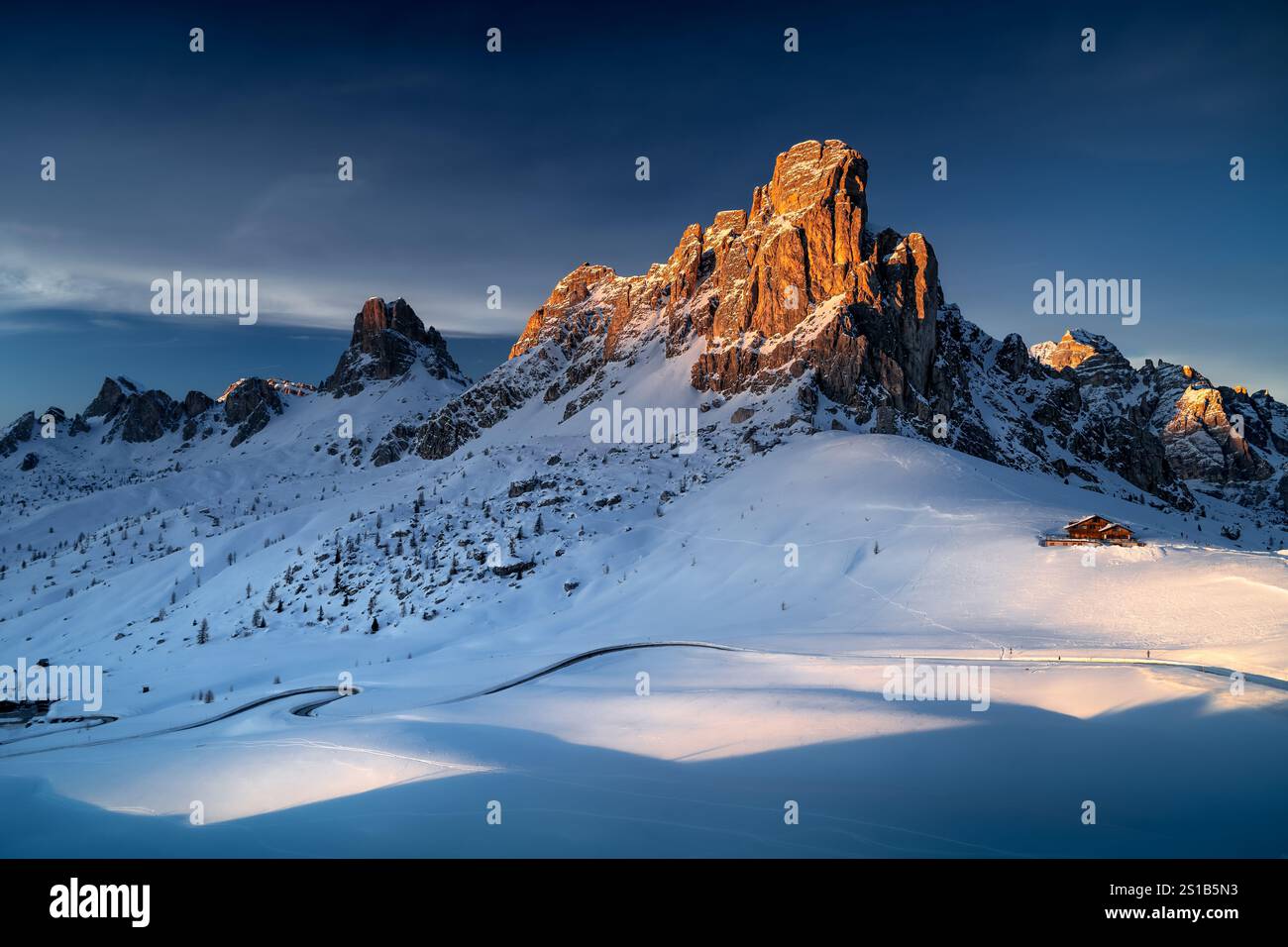 View of the mountain peak of Ra Gusela. Sunset on the Italian Pass in ...