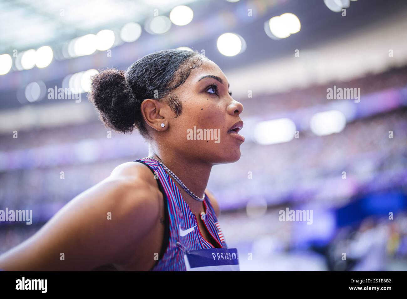 Rachel Glenn participating in the high jump at the Paris 2024 Olympic ...