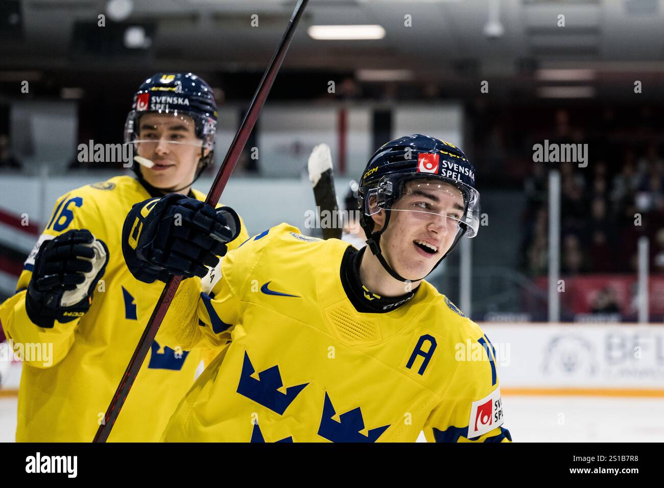 David Edstrom of, Sweden. , . celebrates after 3-0 during the 2025 IIHF ...