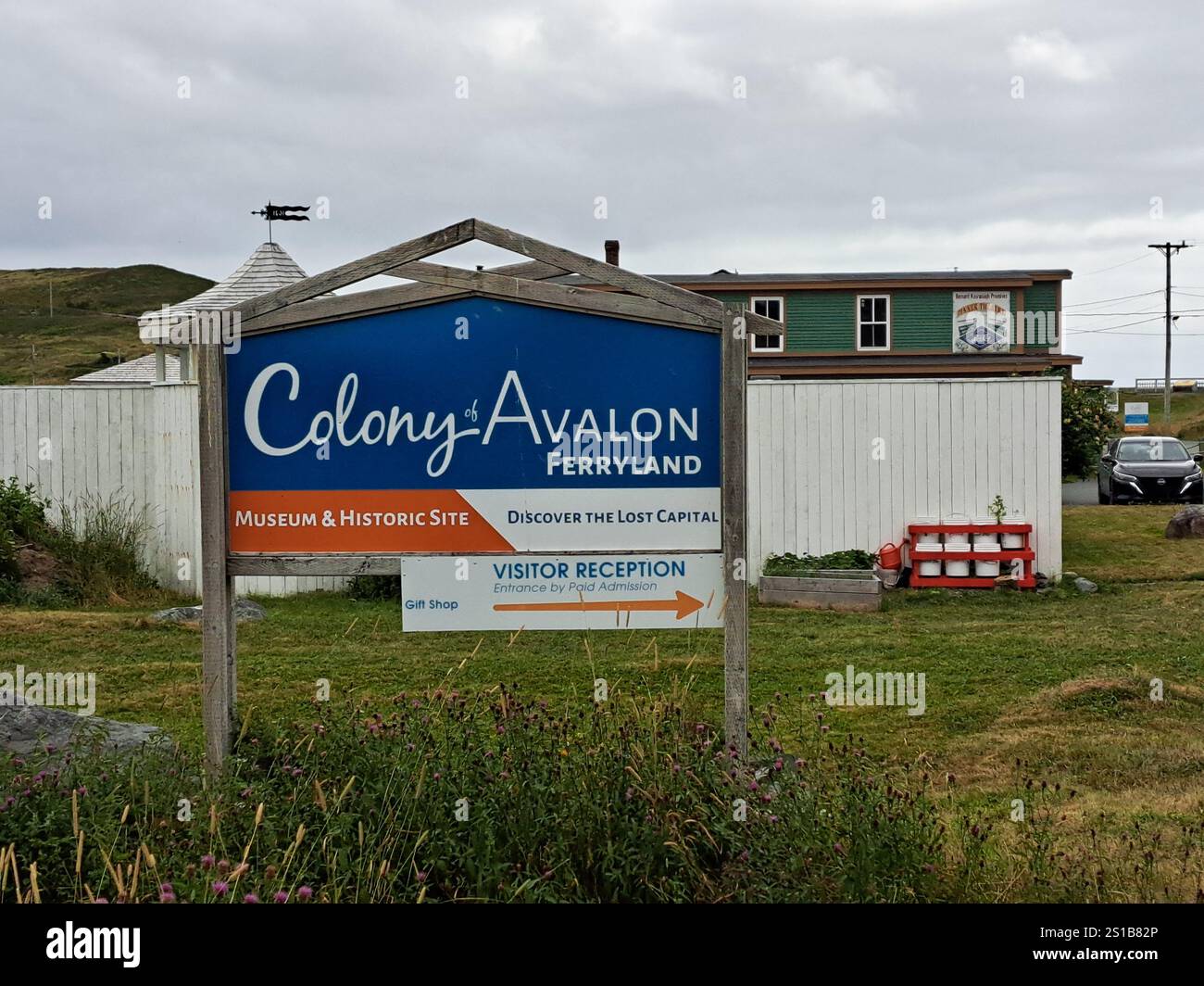 Directional sign to the Colony of Avalon museum on The Pool Road in ...
