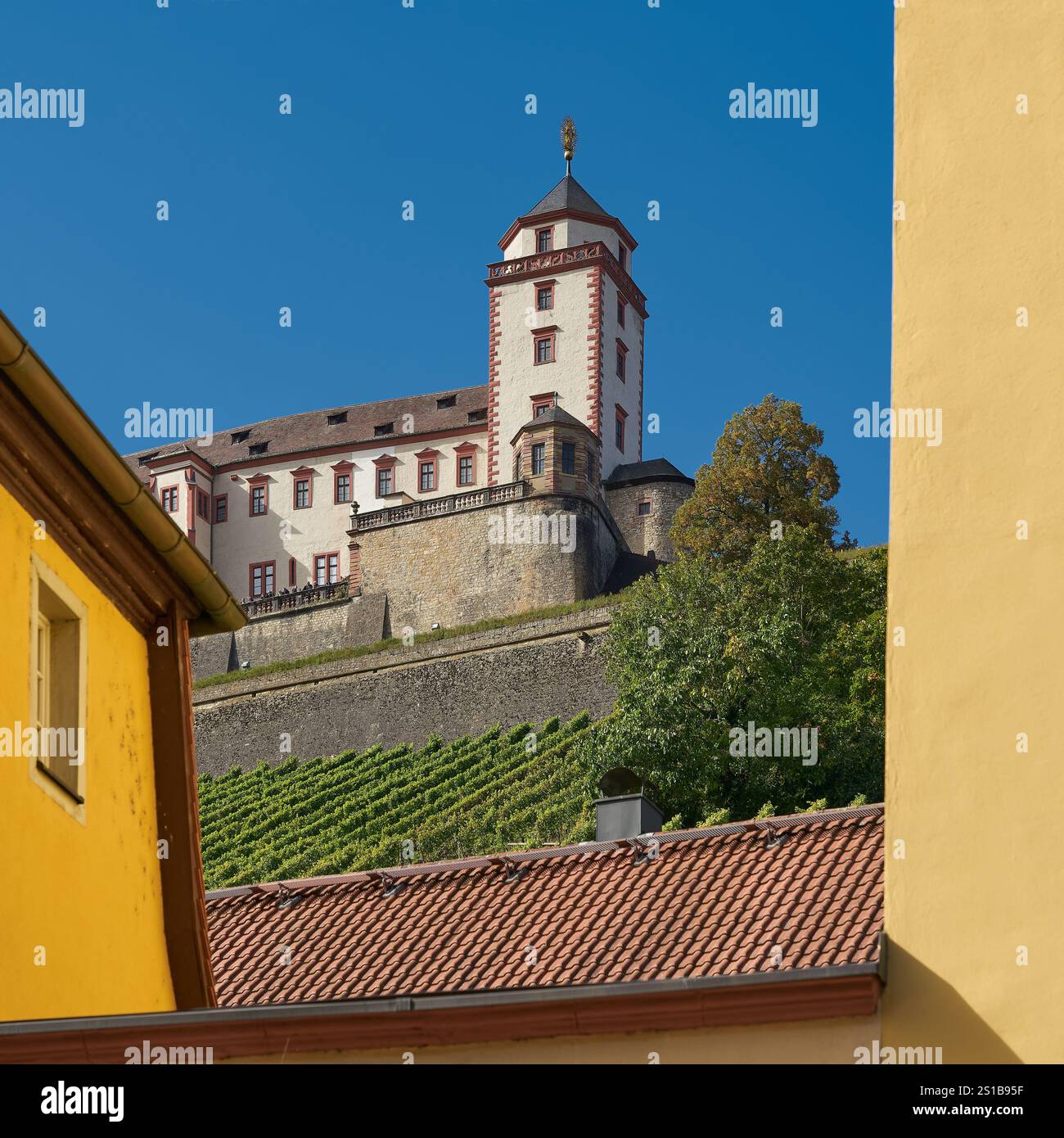 View of the Marienberg fortress in Wuerzburg, Germany through a gap ...