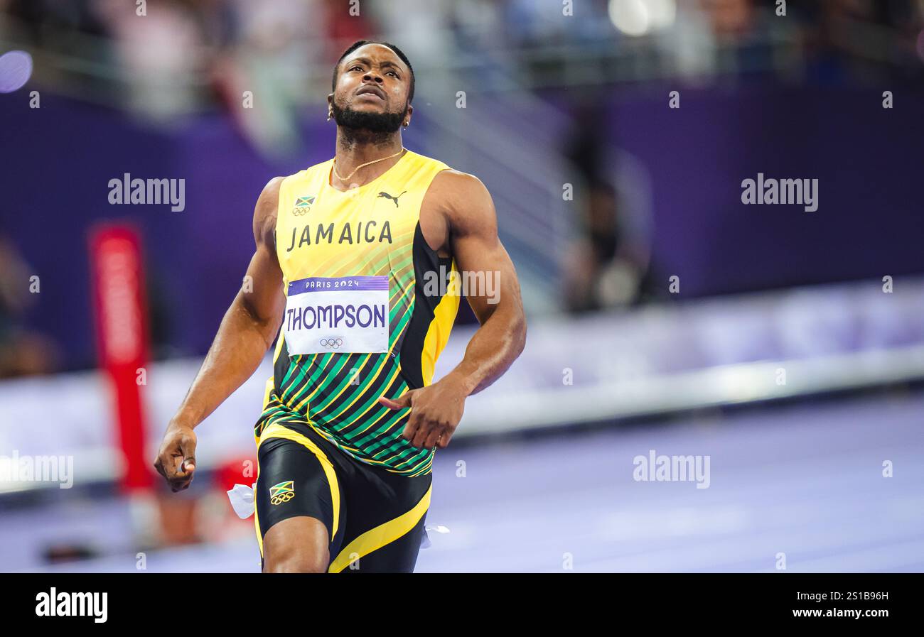 Kishane Thompson participating in the 100 metres at the Paris 2024 ...